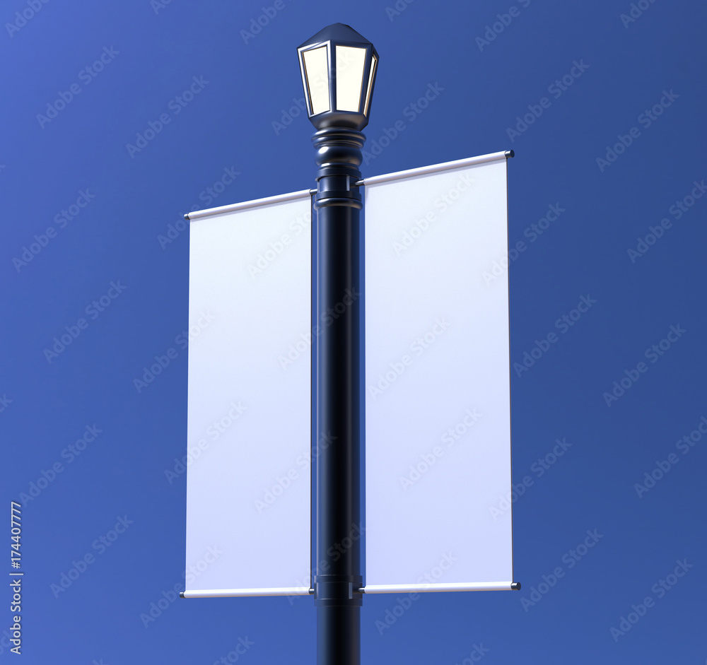Blank white Lamp Post Banner poster 3d render for mock up and template ...