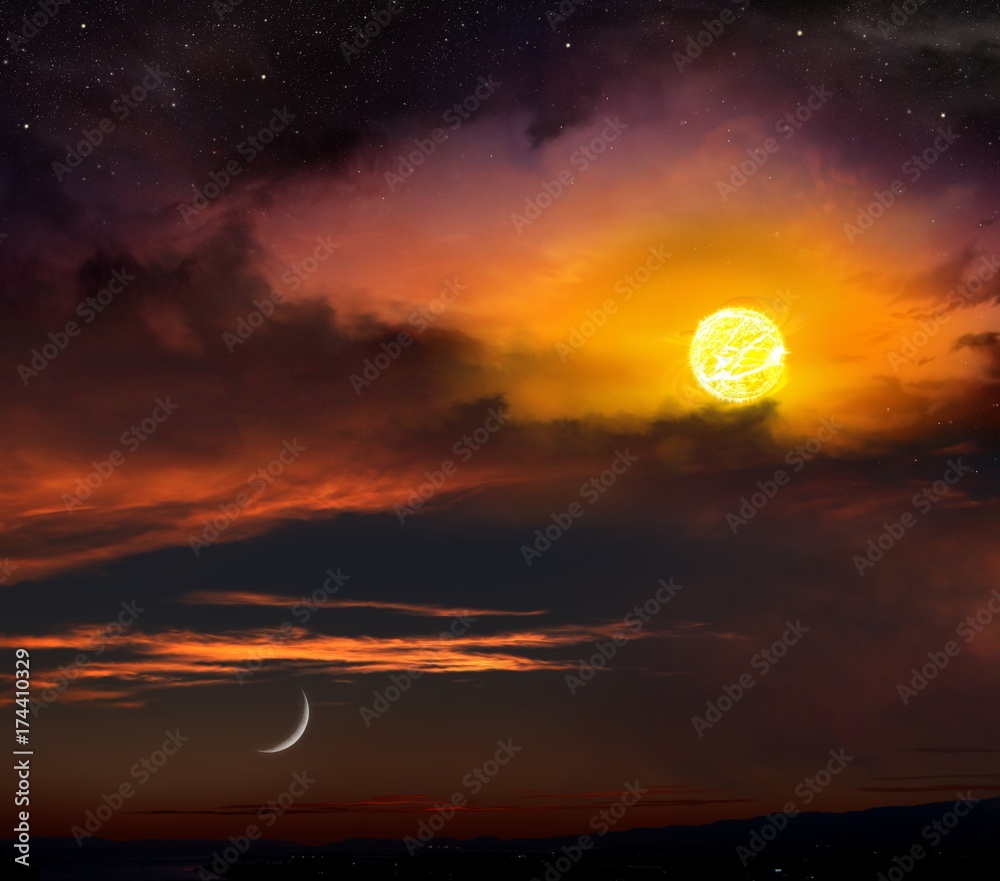Red sunset and moon . Beautiful sunset with moon . Dramatic nature ...