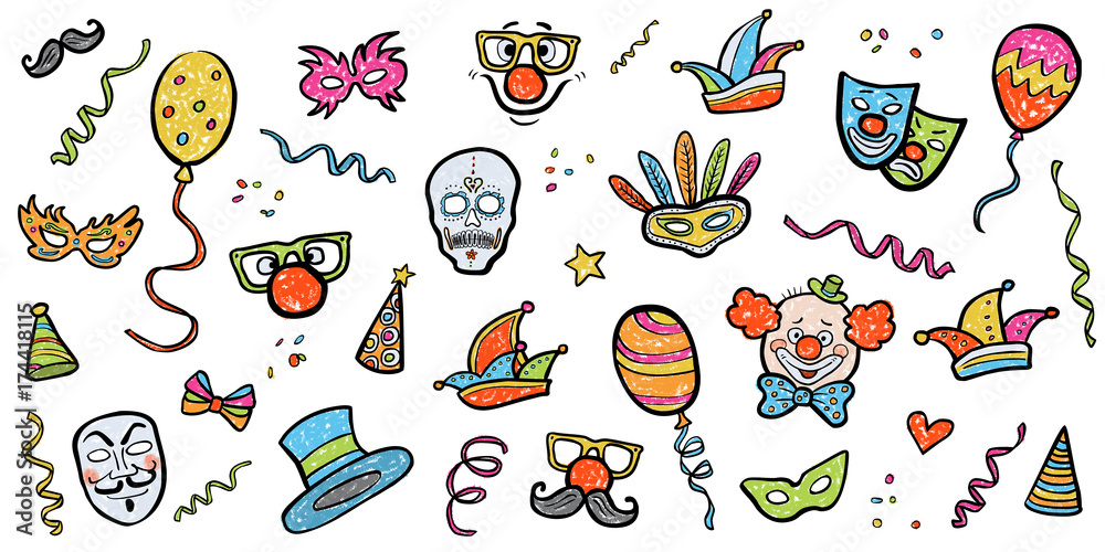 Set: Handgezeichnete Karnevals-Symbole / farbenfroh, Kreidezeichnung ...