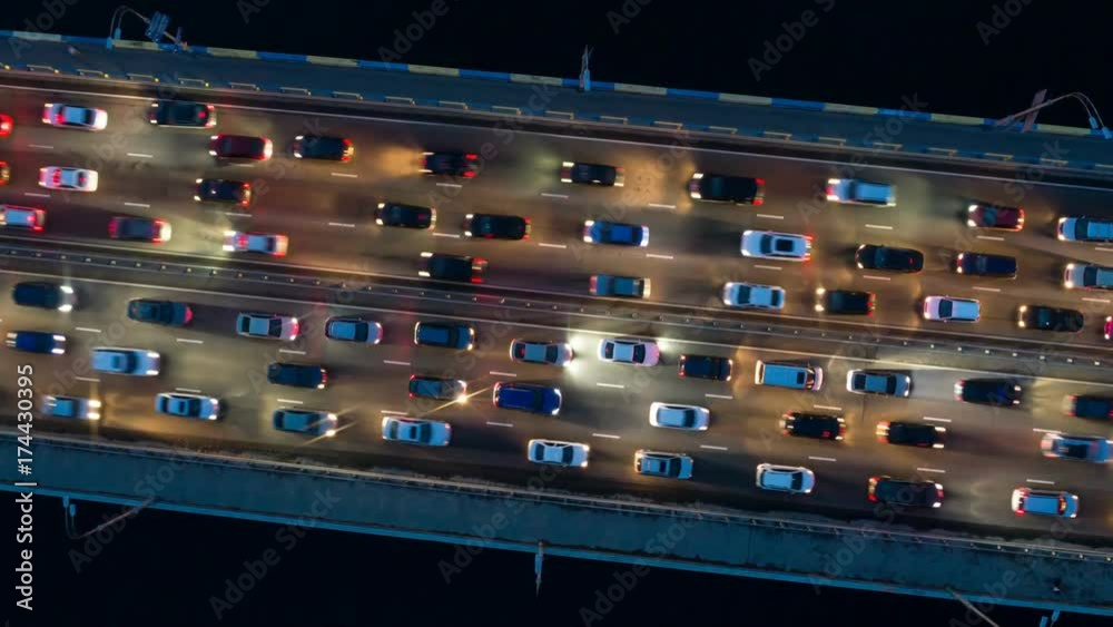 Aerial timelapse of freeway traffic city rush hour. Heavy traffic jam ...