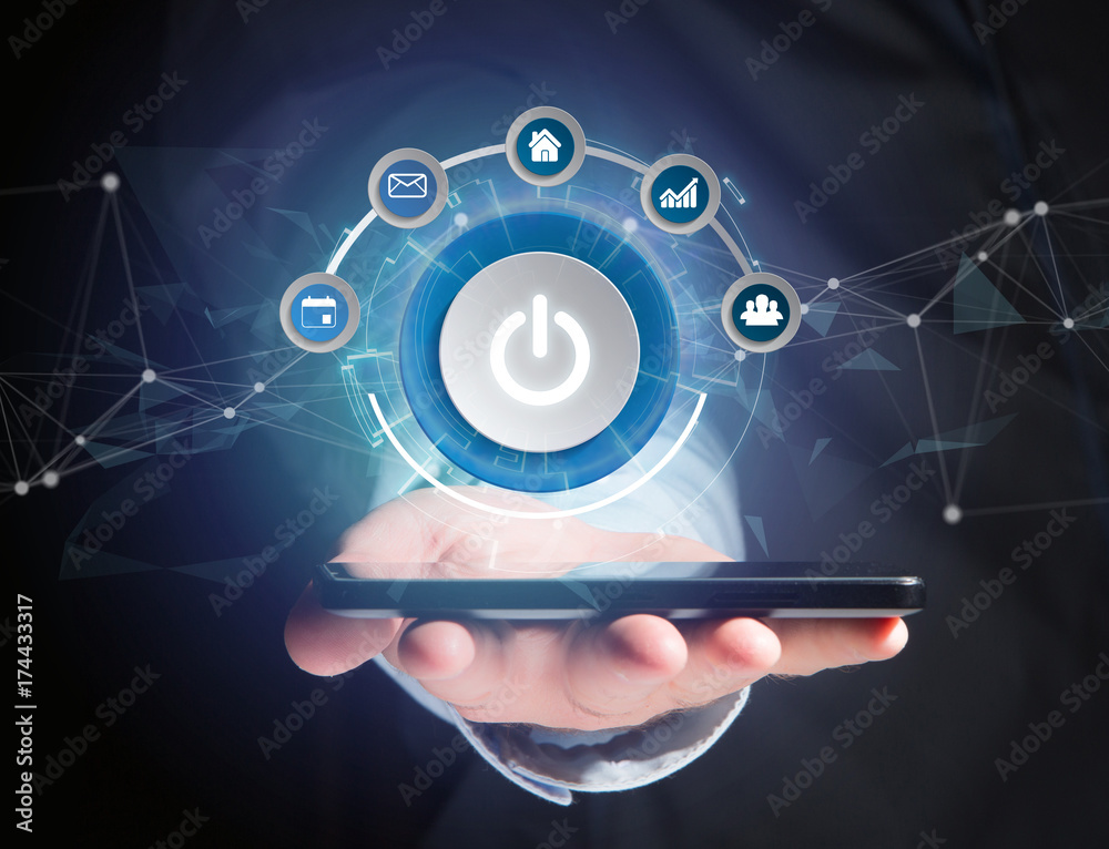 Power button symbol with computer app displayed on a futuristic ...
