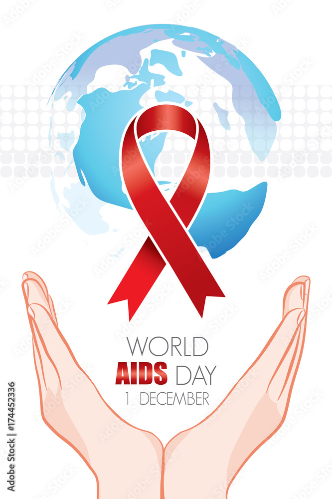 Realistic red ribbon, AIDS world day symbol. Hands holding the earth ...