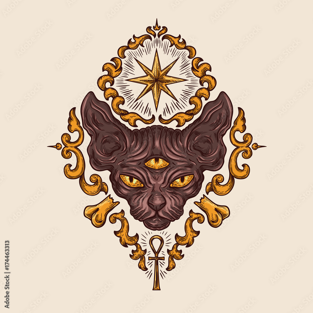 Black sphinx cat head with mysterious three eyes look, egyptian ankh ...