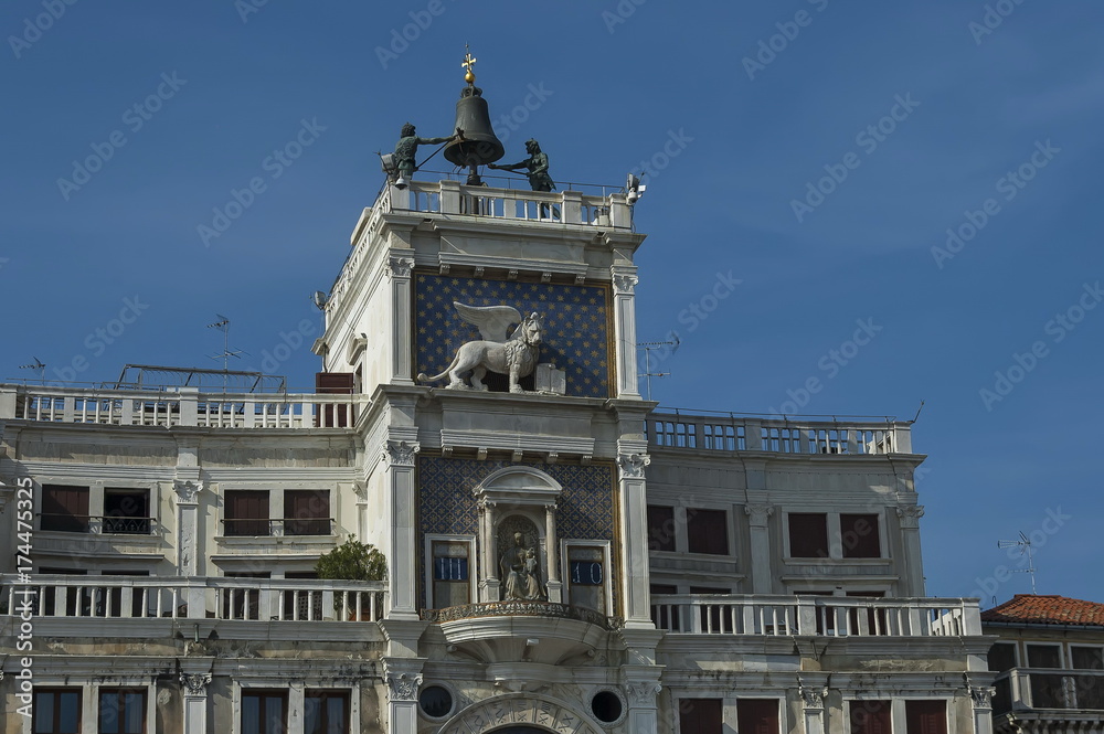 Column with lion of St Mark, symbol of imperial Venice, Zodiac clock ...