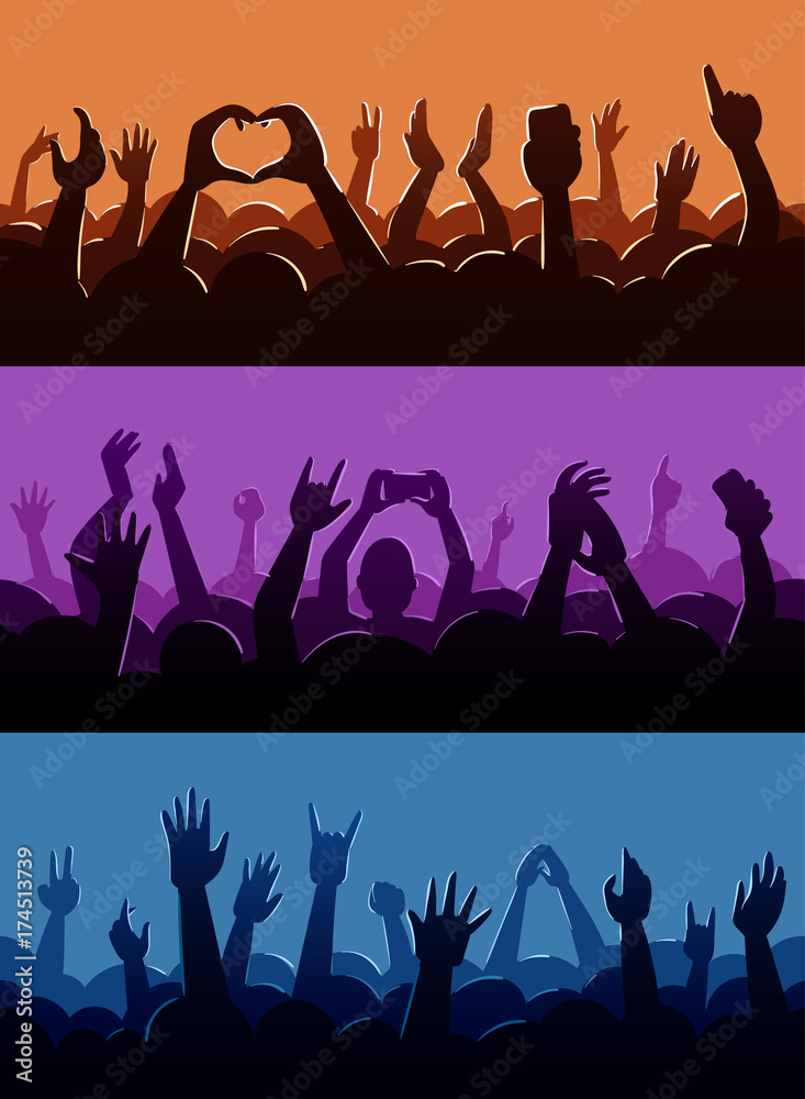 Human fan hands silhouette on music concert festival or concert down ...
