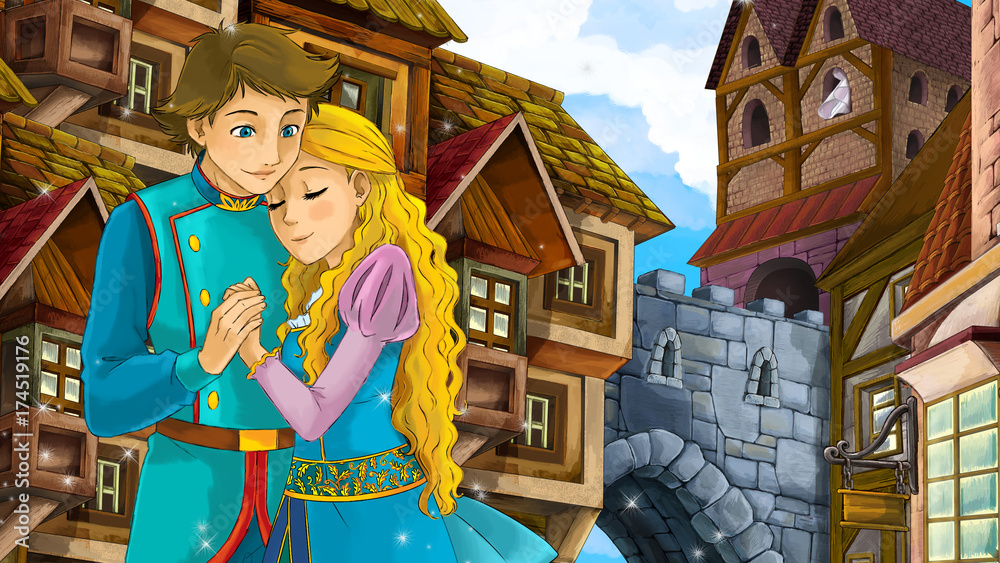 Cartoon scene of beautiful prince and princess in the old town - castle ...