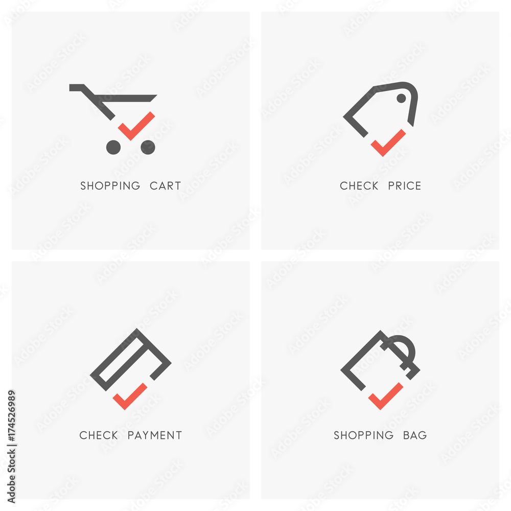 Check mark logo set. Shopping cart and bag, price tag or label and ...