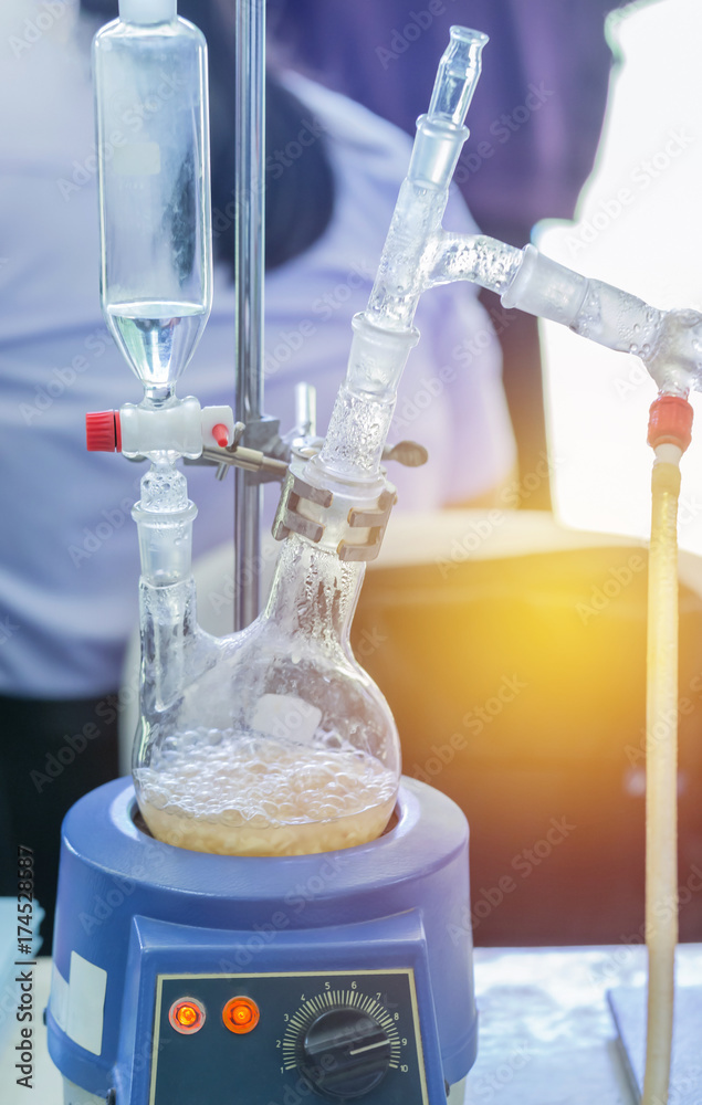 close up distillation set flask two neck equipment for separating the ...