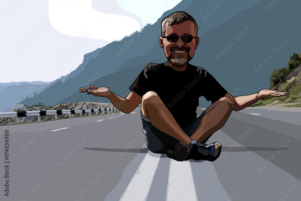 cartoon funny man sitting on the roadway Stock Vector | Adobe Stock