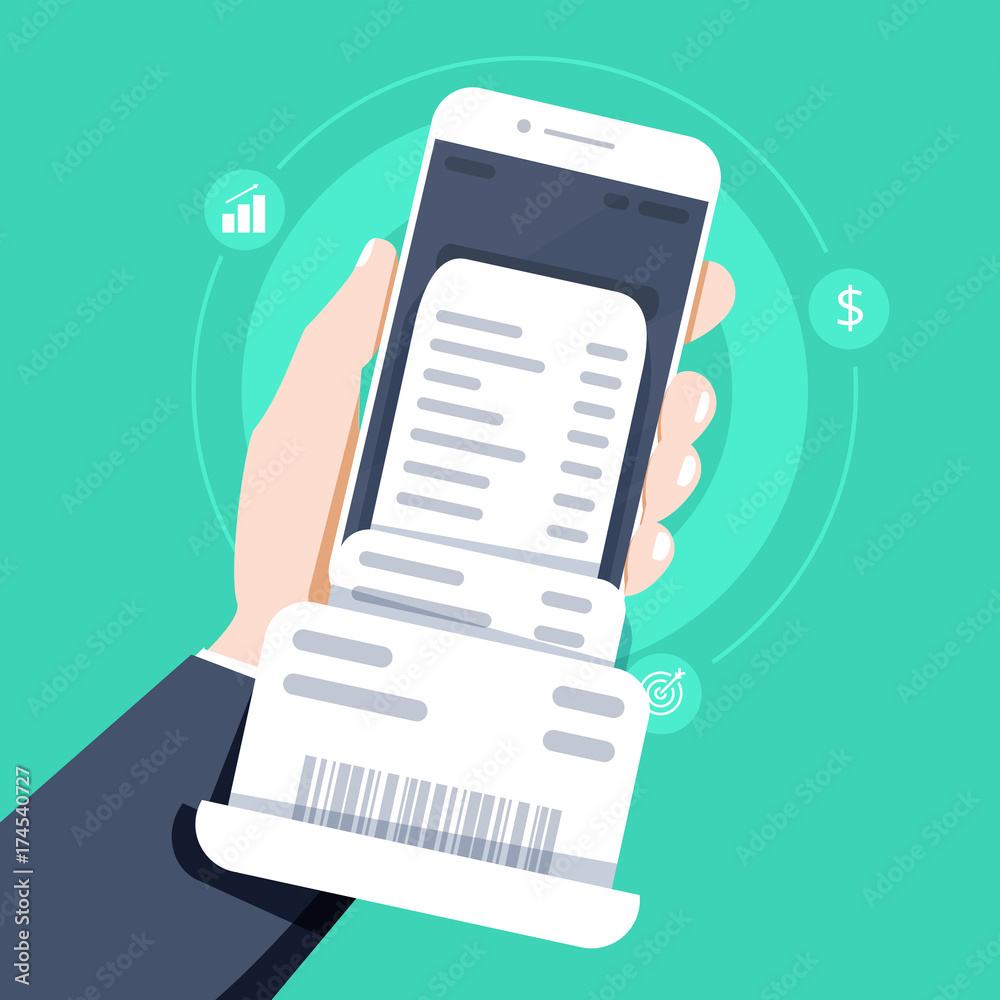 Hand holding smartphone with invoice bill paper , flat style mobile ...