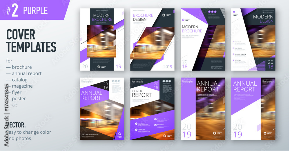 Set of business cover design template in purple color for brochure ...