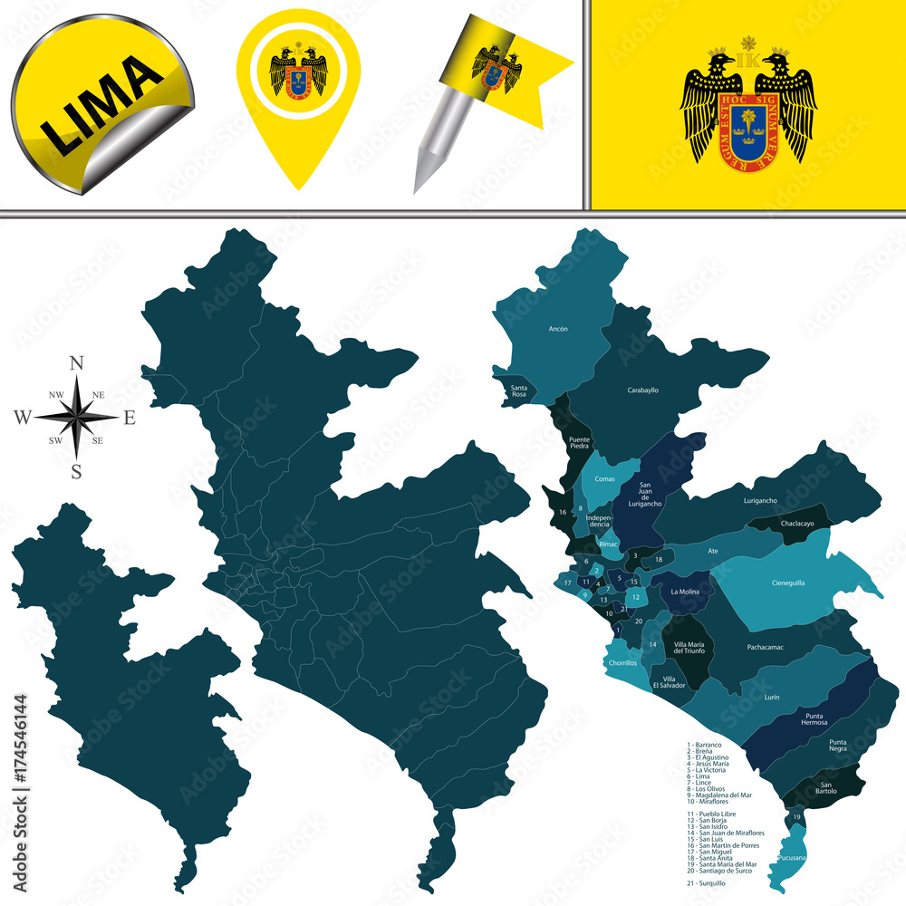 Map of Lima with Districts Stock Vector | Adobe Stock