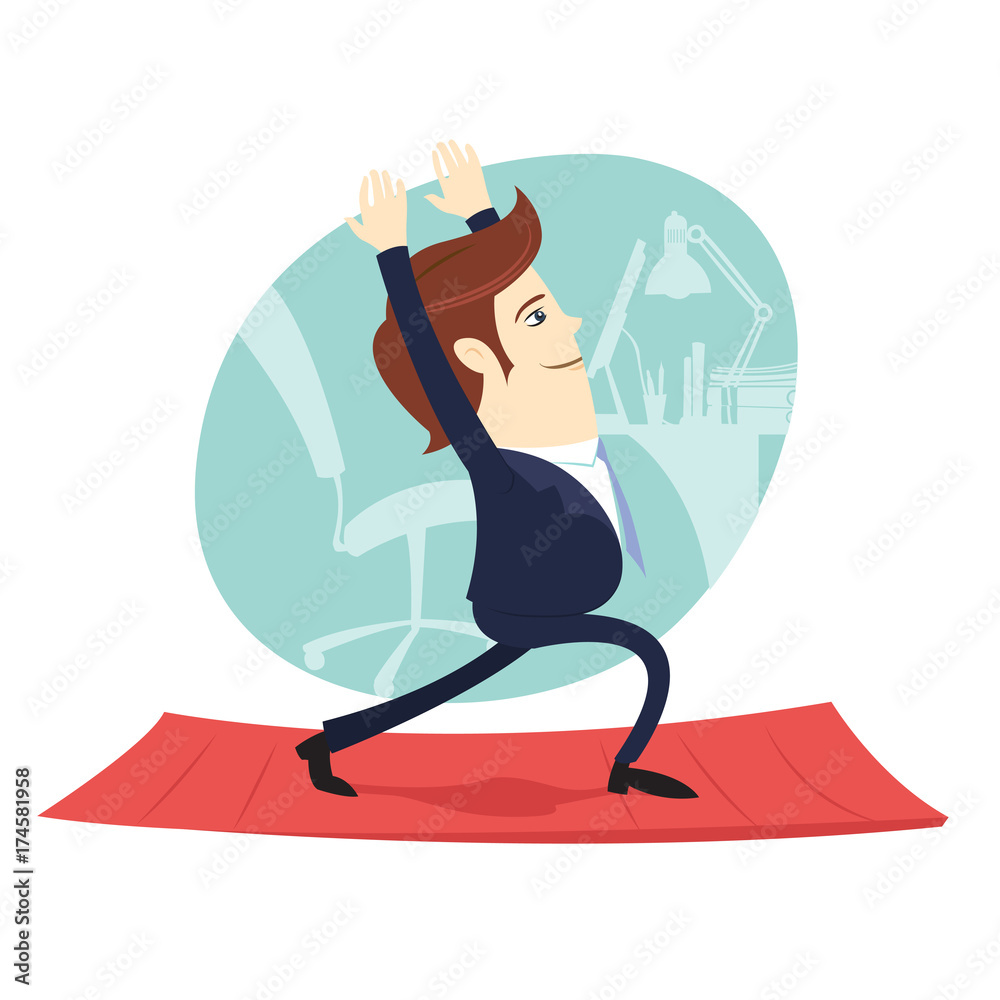 Vector illustration Funny business man wearing suit doing yoga ...