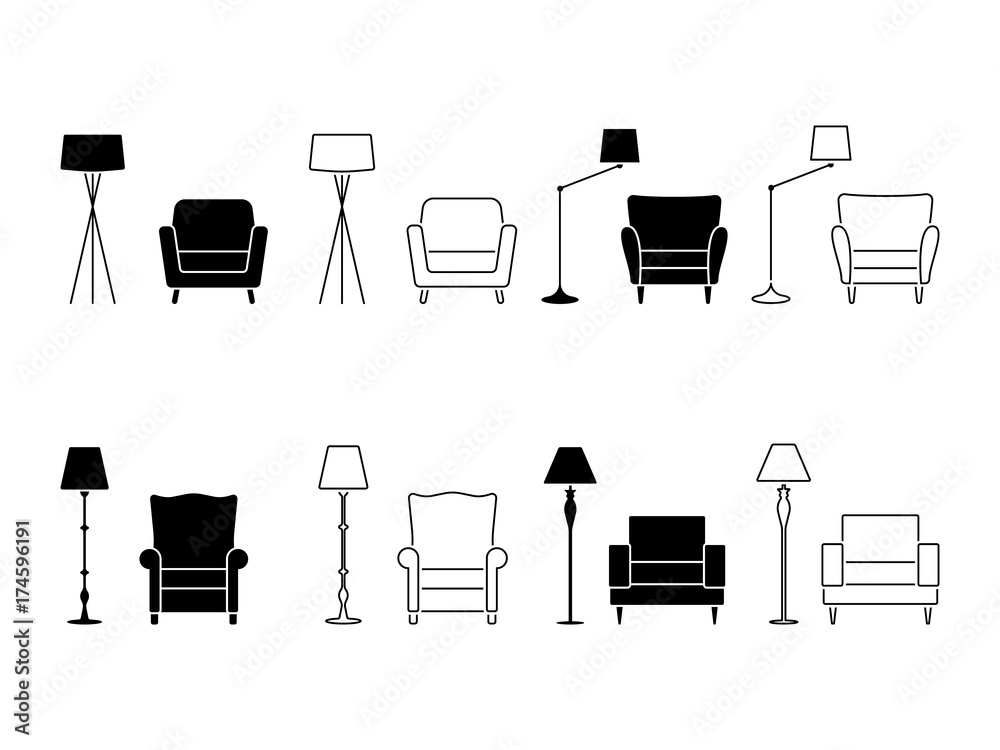 Armchair icon set. Illustration of lounge pictogram on white Stock ...