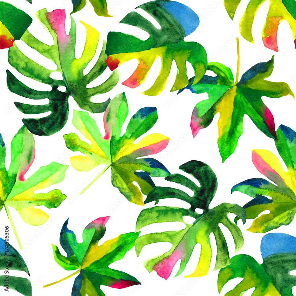 Seamless floral pattern with stylized watercolor exotic leaves of ...