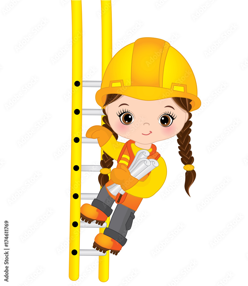 Vector Cute Little Girl Builder Climbing up the Ladder and Holding ...