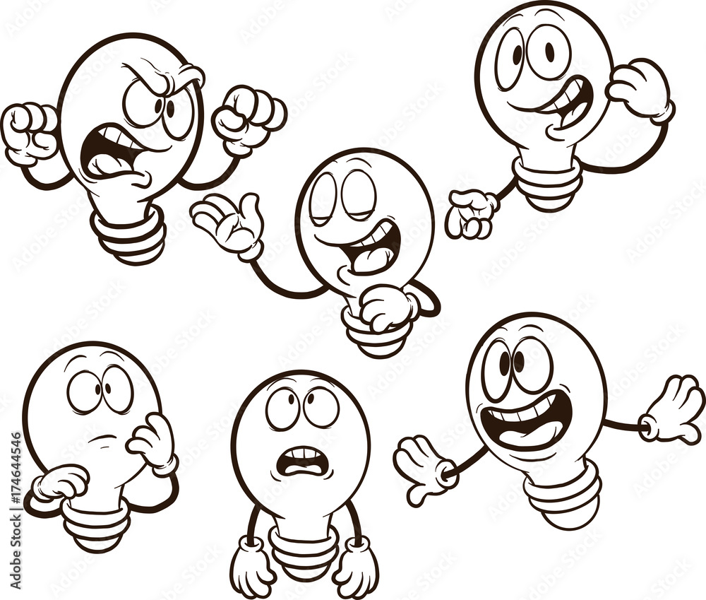 Cartoon light bulb with different expressions. Vector clip art ...