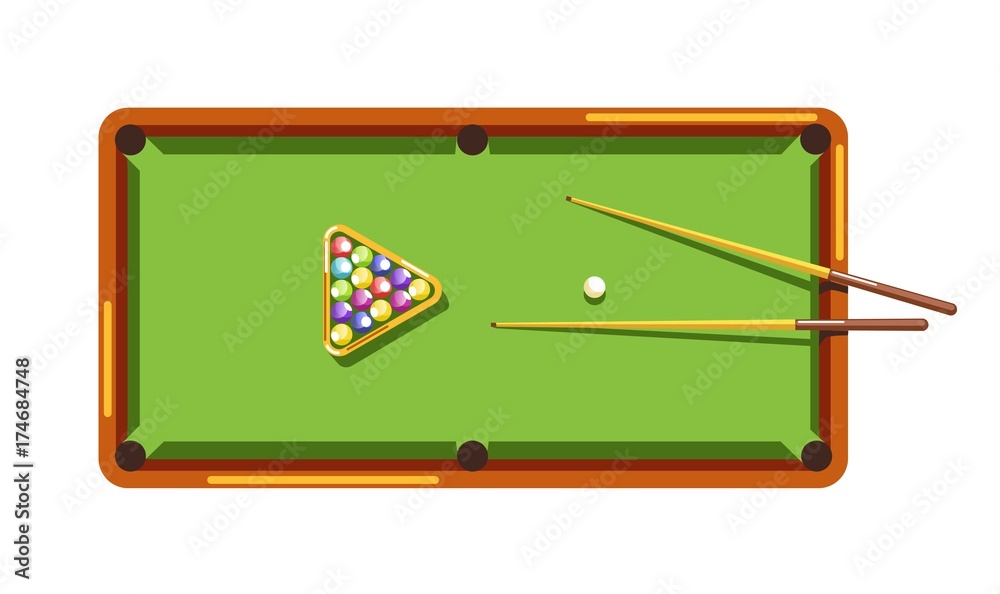 Billiard table with green field, wooden cues and colorful balls Stock ...