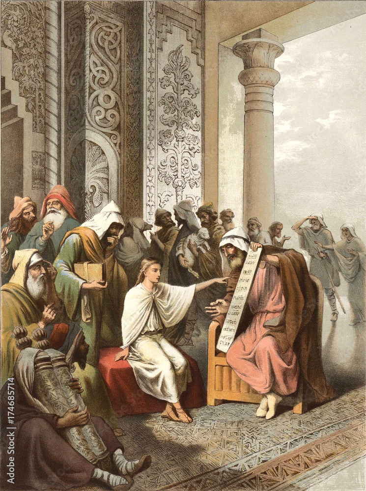 Jesus talks with the wise men in the temple. Stock Illustration | Adobe ...
