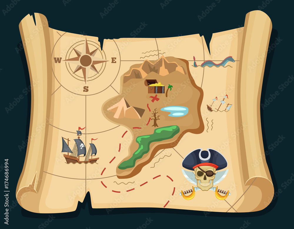 Old treasure map for pirate adventures. Island with old chest. Vector ...