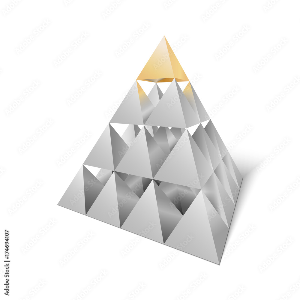 Stack of pyramids that makes another pyramid with golden one on the top ...