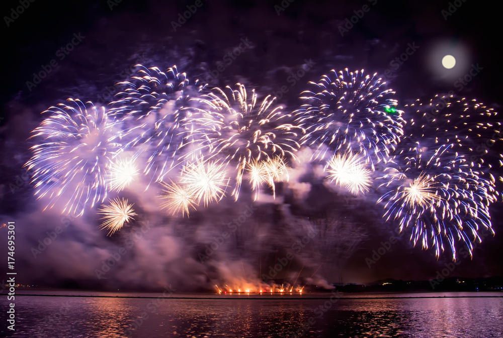 Mid Autumn Festival fireworks display the full moon Stock Photo | Adobe ...