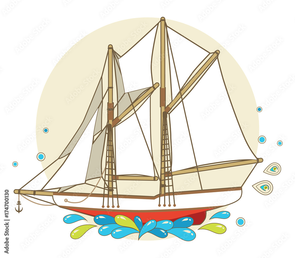 Cartoon sailing ship with white sail, vector illustration Stock Vector ...