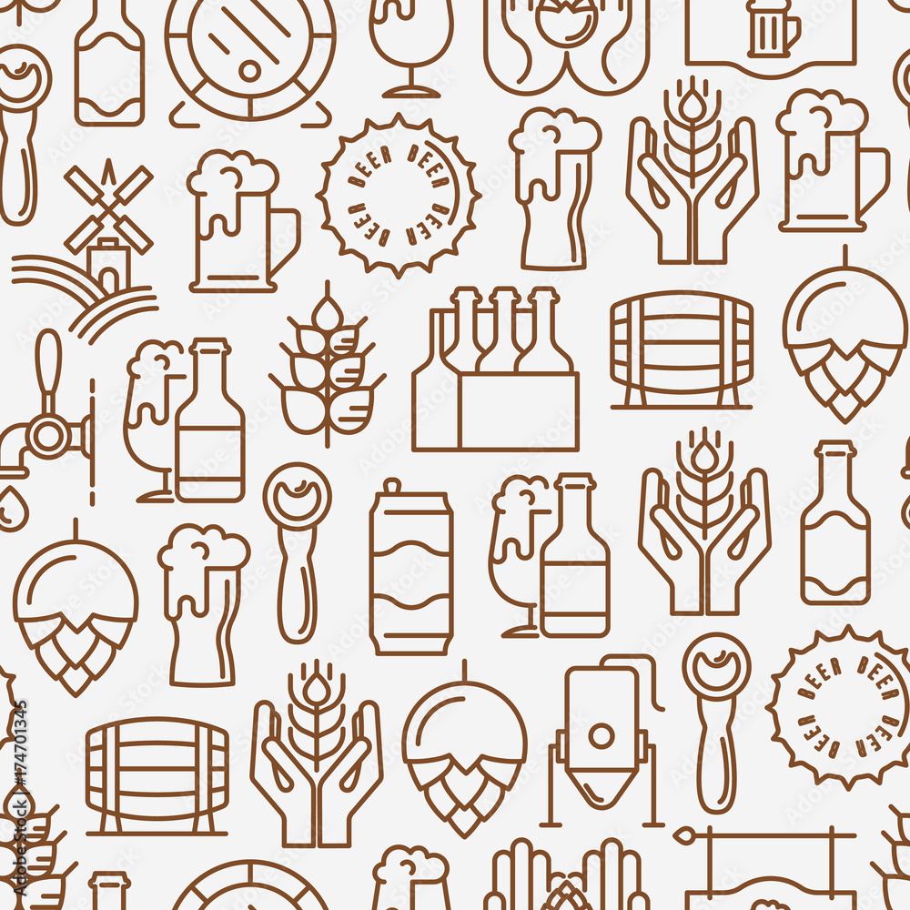 Beer seamless pattern with thin line icons related to brewery and Beer ...
