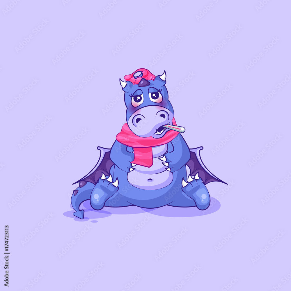 Vector Emoji character cartoon dragon dinosaur sick with thermometer in ...