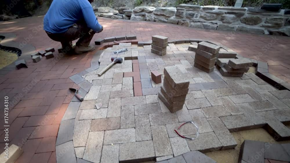 Wide angle lens shows the custom made stone wall and brick paving ...