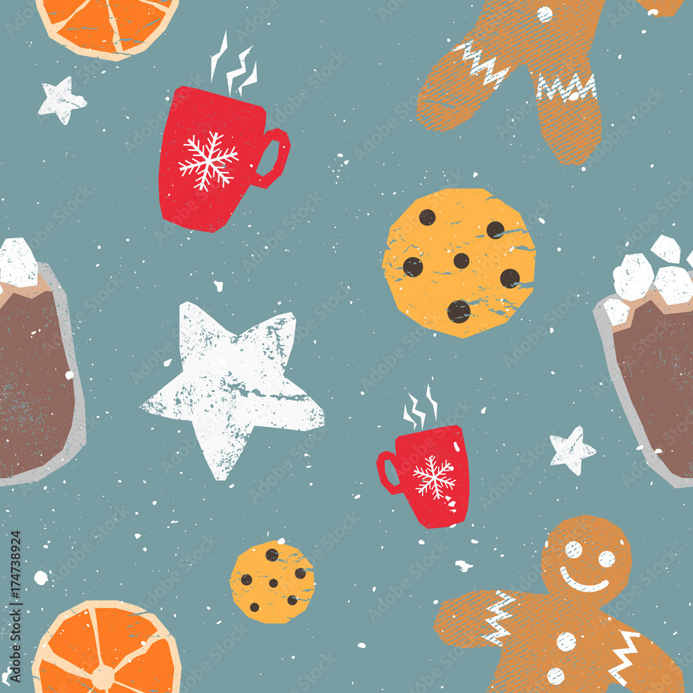 Winter seamless patterns with gingerbread cookies, cacao, star, orange ...