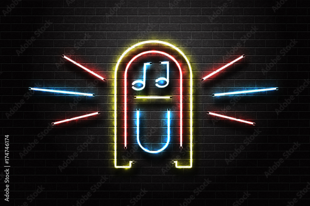 Vector realistic isolated neon sign of jukebox for decoration and ...