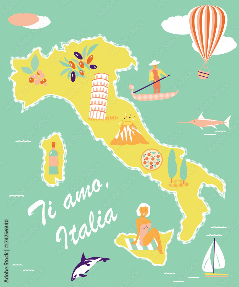 Concept image of tourist map of Italy with landmarks and destinations ...