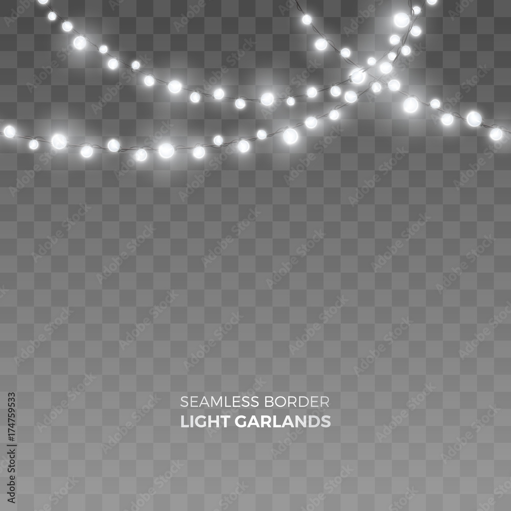 Vector seamless horizontal border of realistic white light garlands ...