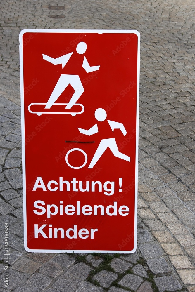 Sign, Achtung! Spielende Kinder, German for Beware! Children at play ...