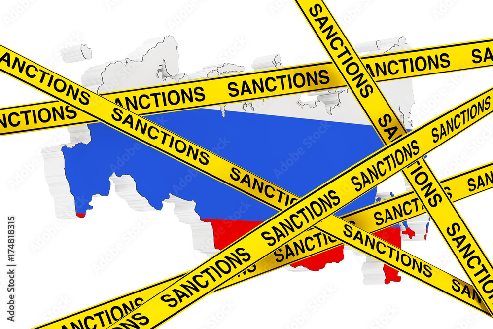 Russia Sanctions Concept. Yellow Tape with Sanctions Sign Against of ...