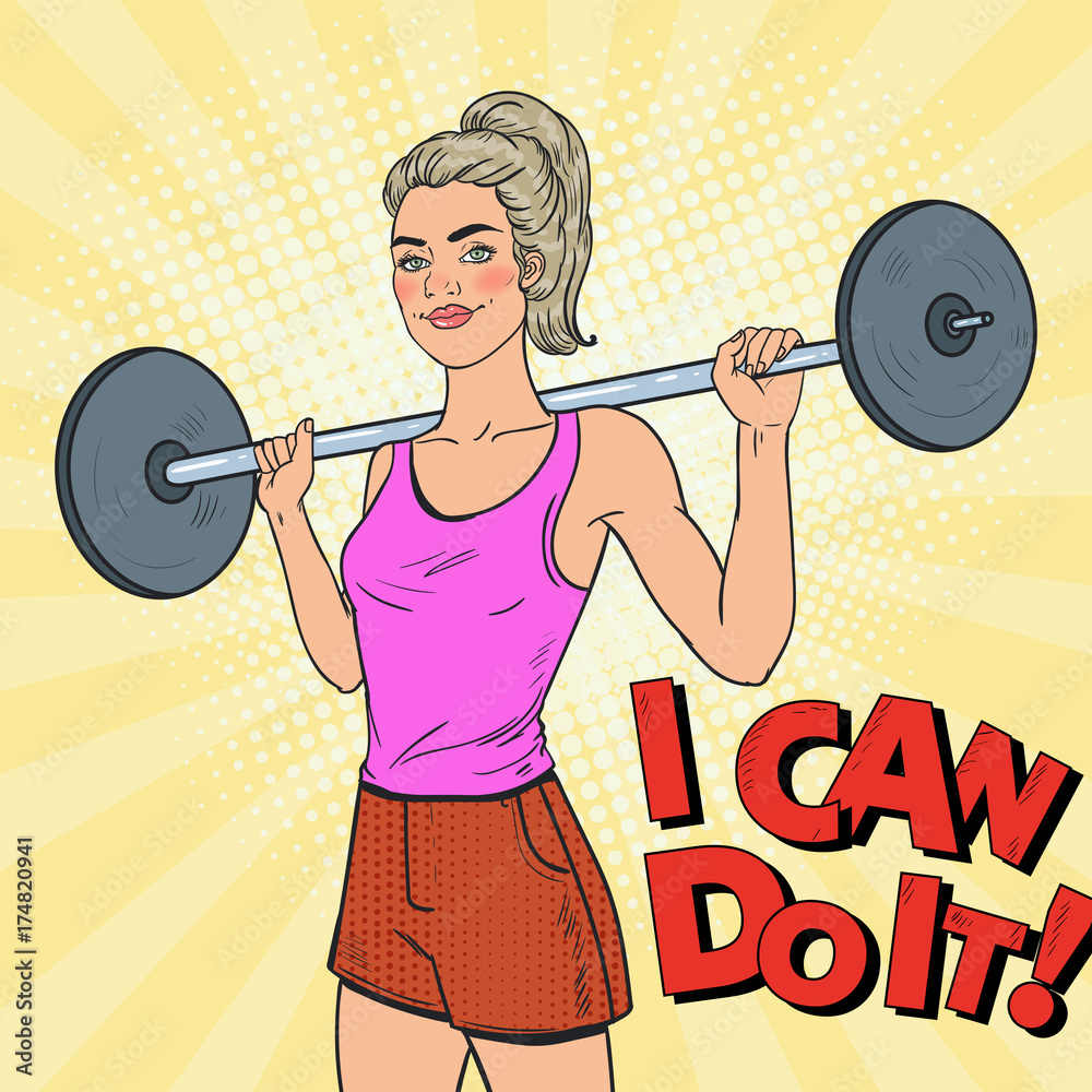 Pop Art Strong Woman in Gym with Barbell. Female Athlete. Beauty Girl ...