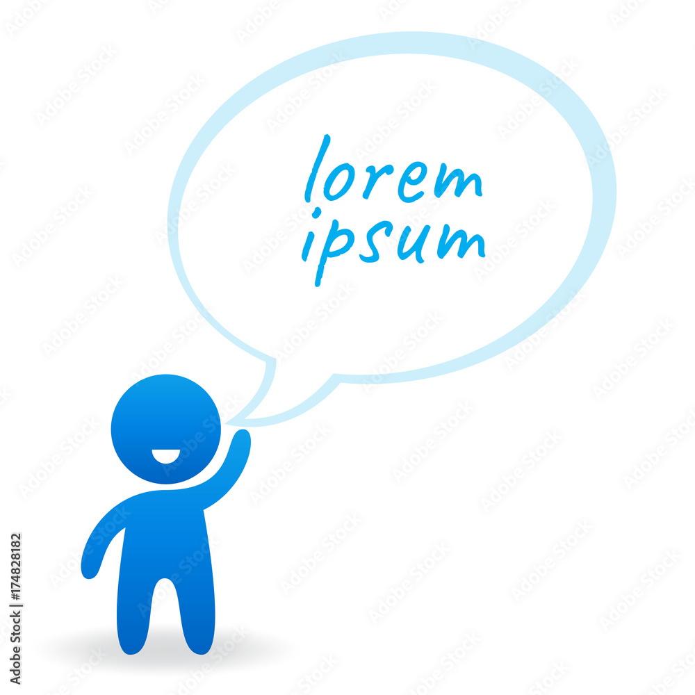 Stylized figure of smiling man and abstract dialog bubble in blue color ...
