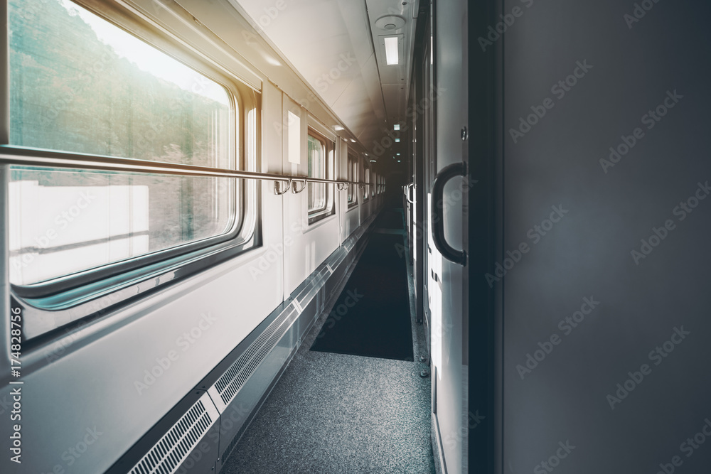 Wide-angle shooting of long and empty double-decker passenger train ...
