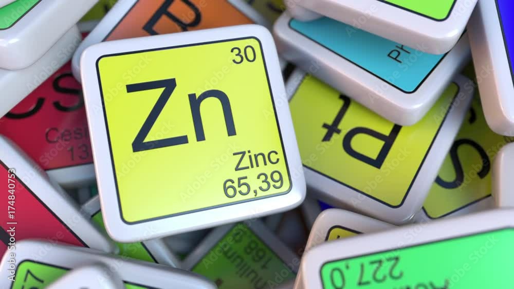 Zinc Zn block on the pile of periodic table of the chemical elements ...