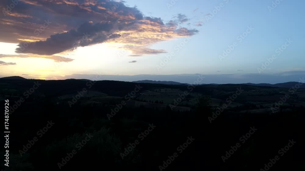 Nature Aerial. Top view and side flying over the beautiful sunset with ...