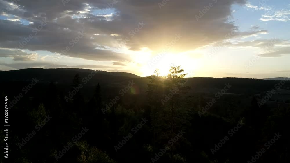Nature Aerial. Top view and side flying over the beautiful sunset with ...