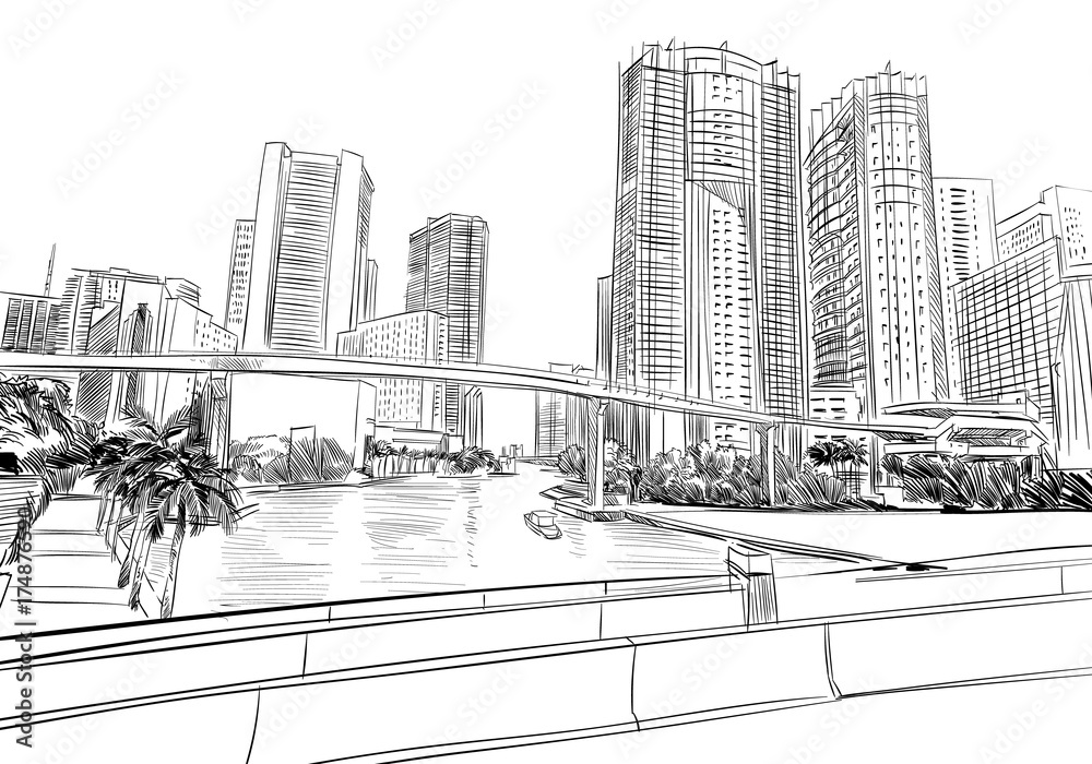 USA. Florida. Miami. Unusual perspective hand drawn sketch. City vector ...