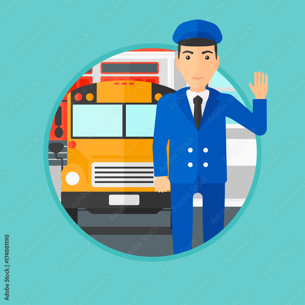 School bus driver waving while standing in front of yellow bus. School ...