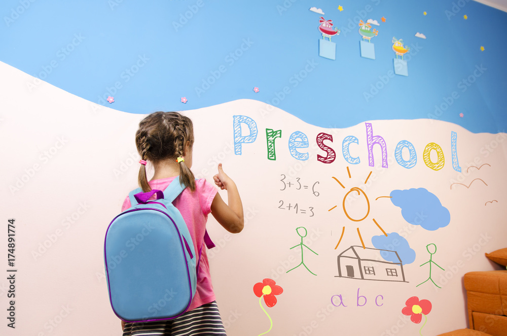 Cute little girl going to preschool concept, back view, Added graphic ...