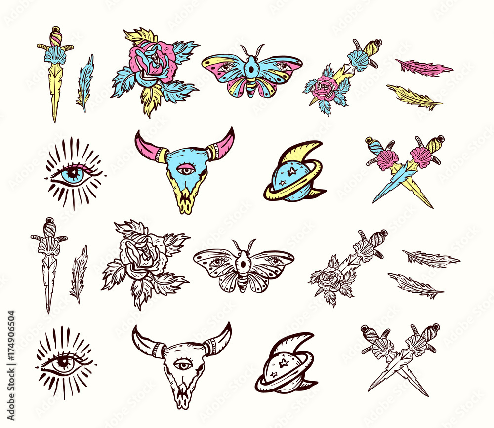 Set of esoteric color tattoo elements. Skull bull, rose, knife ...
