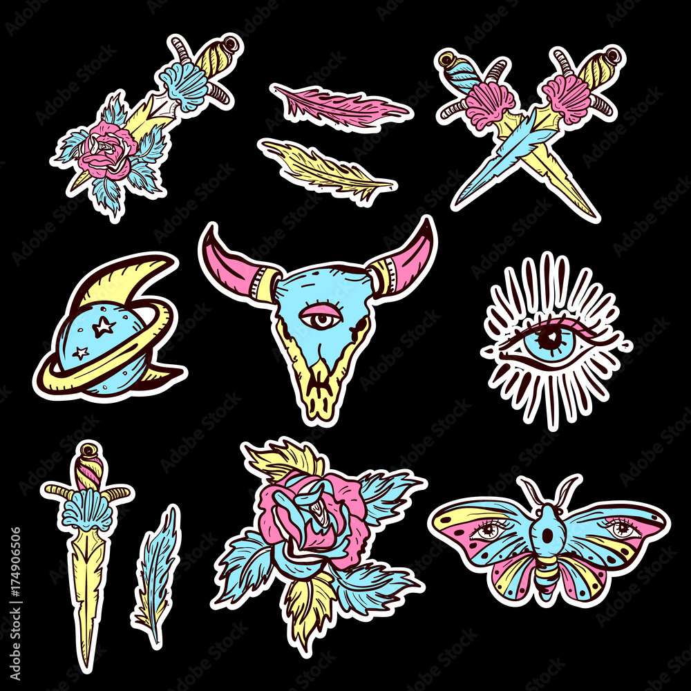 Old school set of esoteric color tattoo elements. Skull bull, rose ...