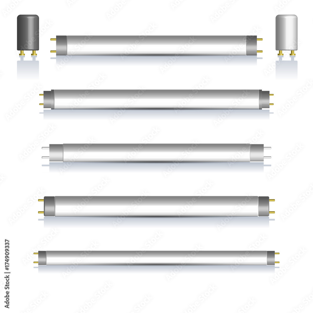 Set of fluorescent lamps with mirror reflection, vector illustration ...