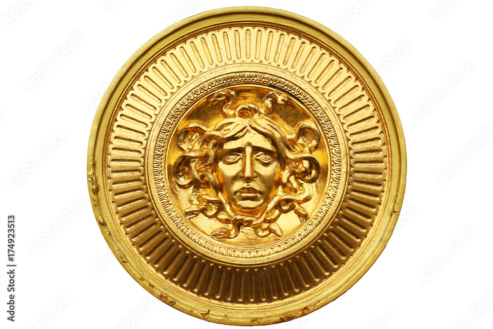 Ancient golden warrior shield isolated on white background, circle ...