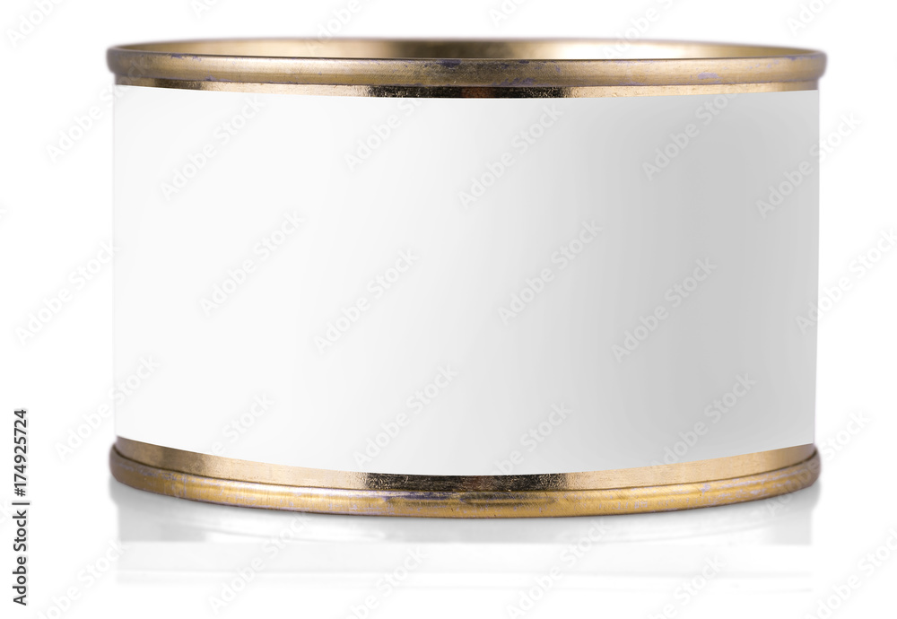 golden tin can with label on isolated white background. Stock-Foto ...
